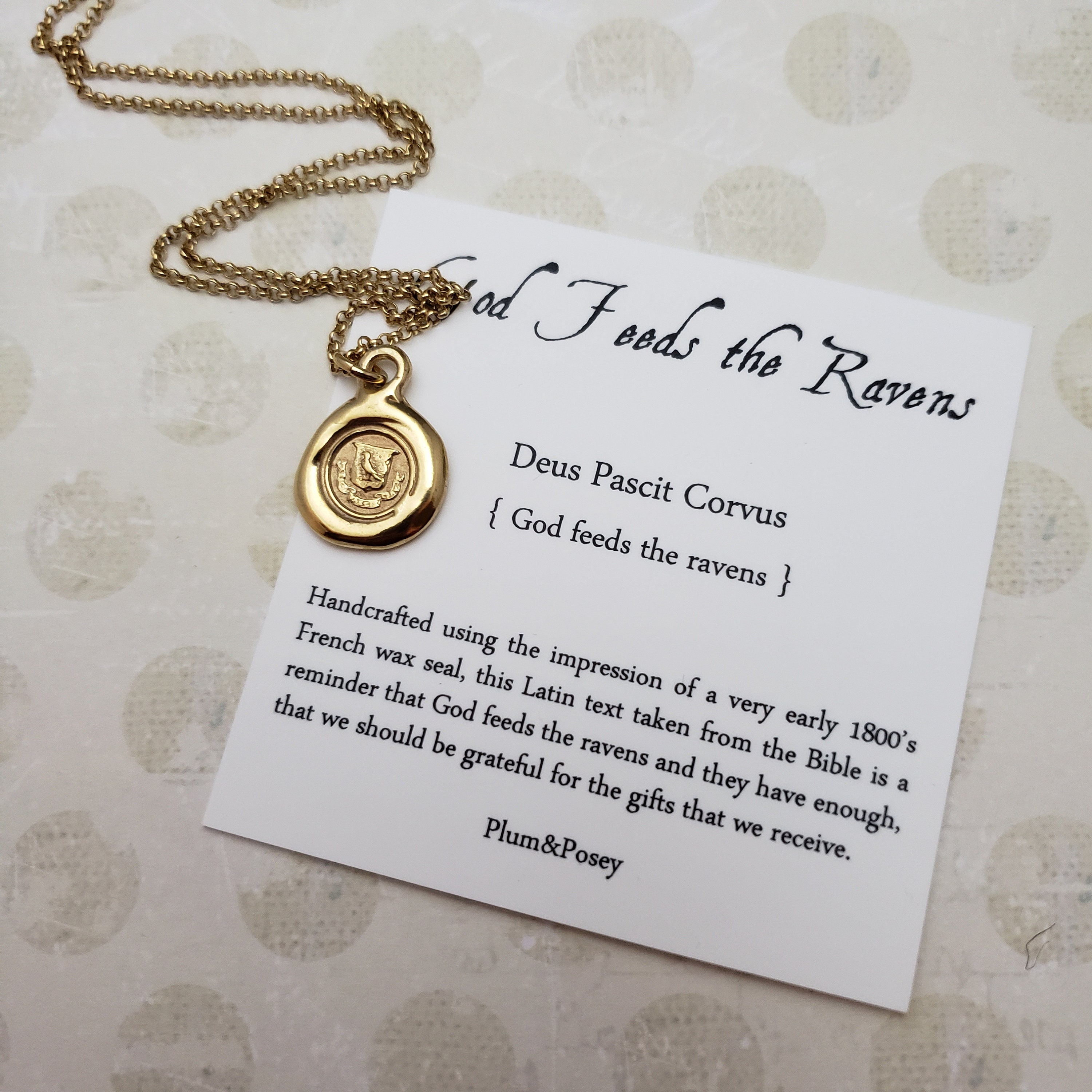 Gold Mini Raven Necklace - God Feeds the Ravens - Deus Pascit Corvus in ...
