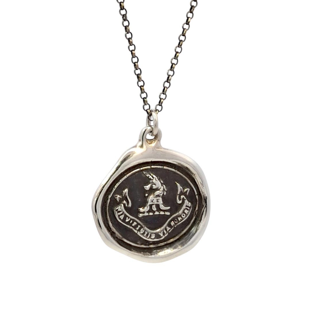 The Noble Path – Silver Unicorn Wax Seal Pendant, Latin Motto Jewelry ...