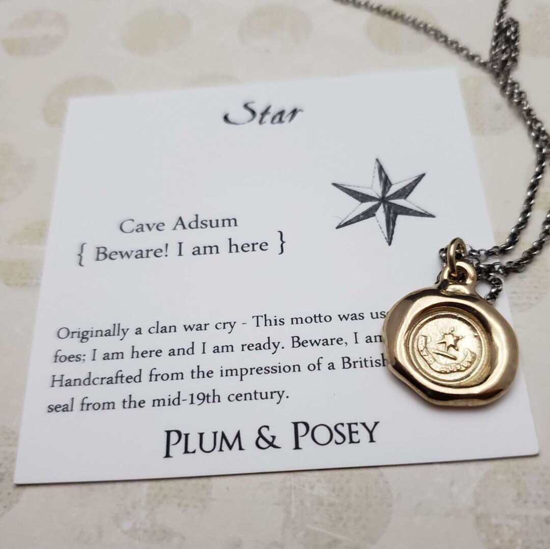Beware I Am Here Star Necklace in Gold - Cave Adsum Latin Wax Seal ...