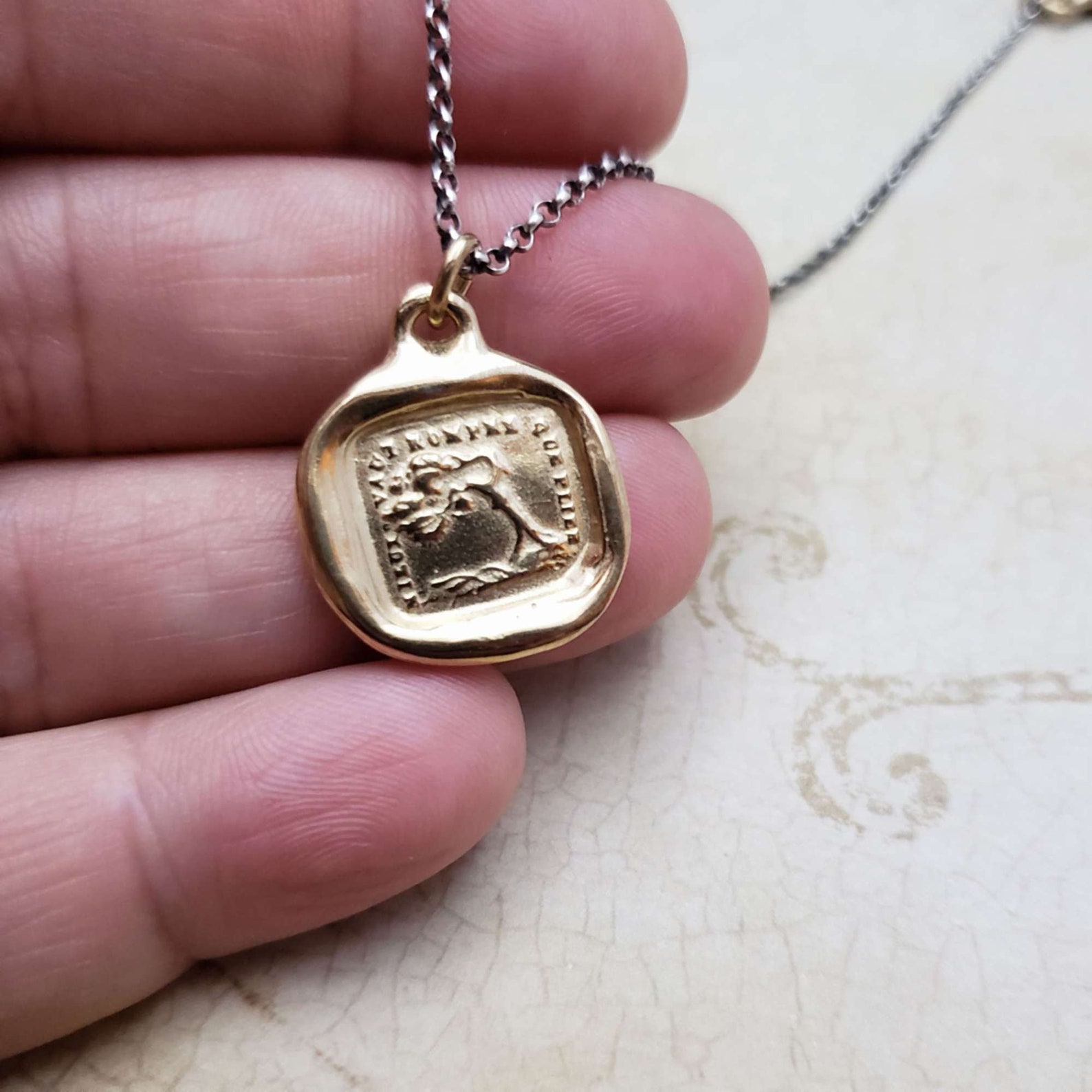 Strength Necklace in Gold Vermeil - Gold Wax Seal Jewelry With Motto ...