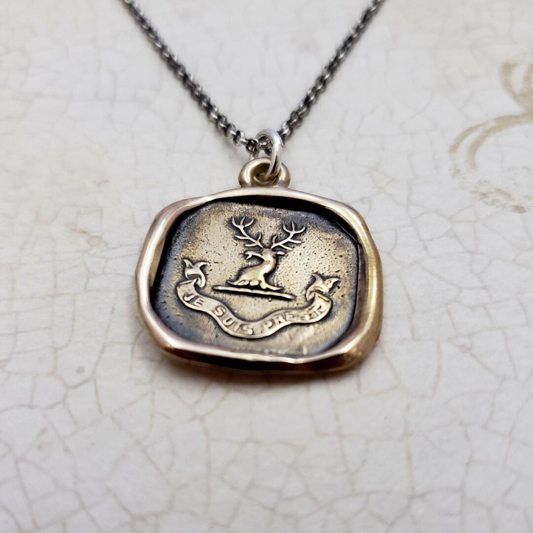 Heraldic Stag Pendant in Bronze Wax Seal Crest Necklace With Text 'je ...