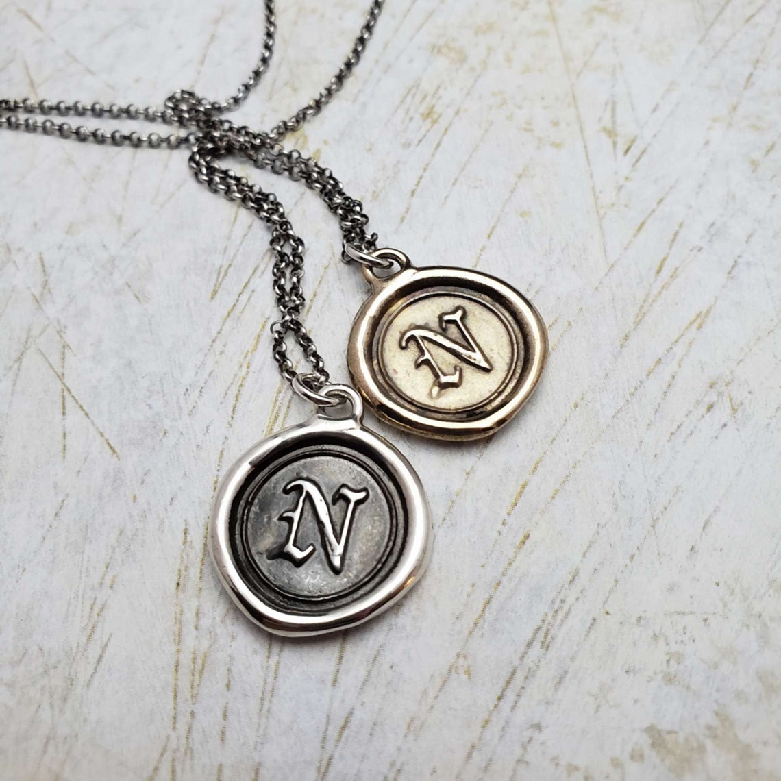 Letter N Necklace Sterling Silver Monogram Wax Seal Pendant | Etsy