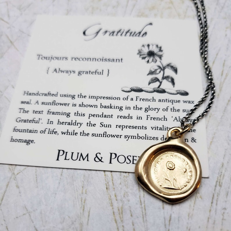 Gold Gratitude Necklace Sunflower Wax Seal Pendant in Gold | Etsy