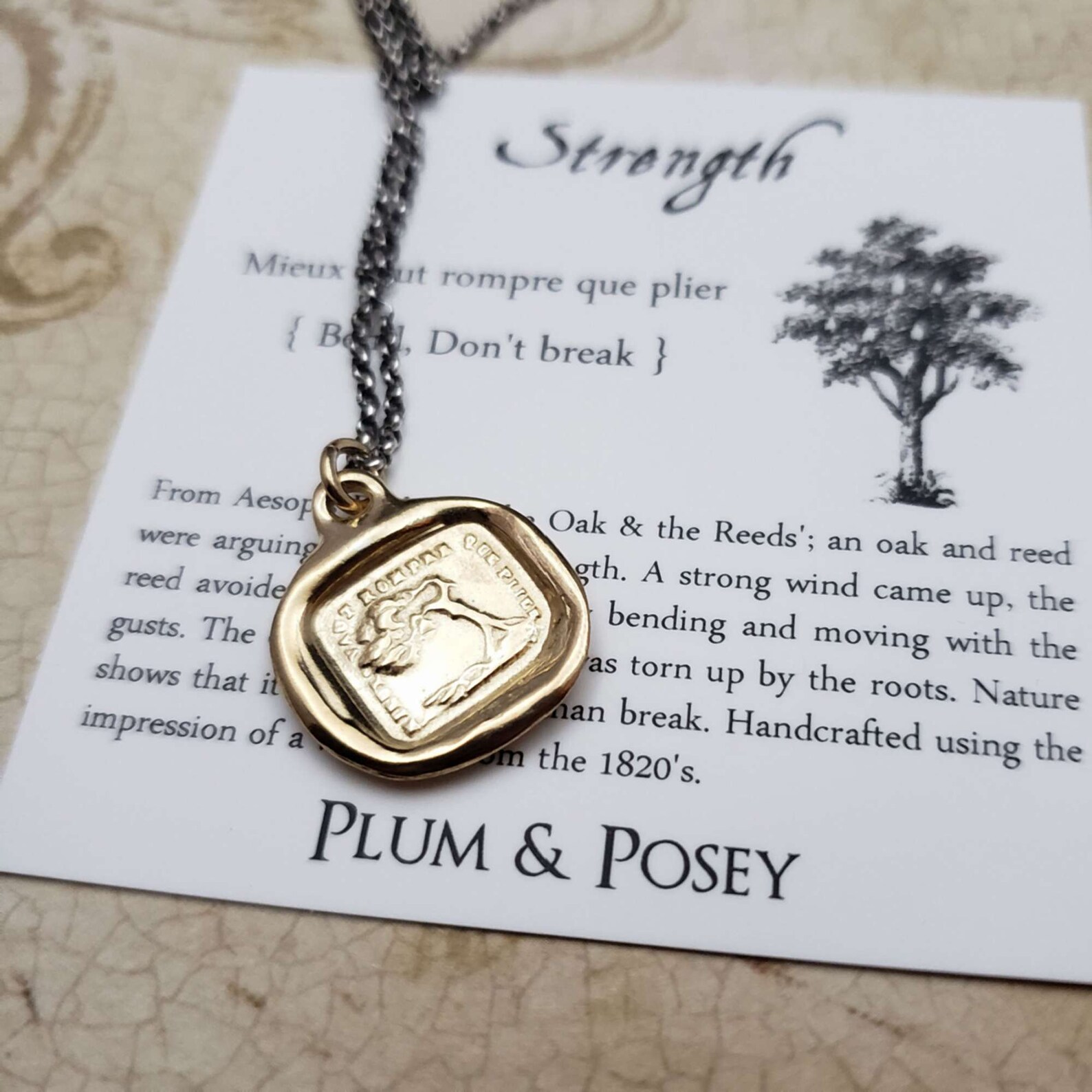 Strength Necklace in Gold Vermeil - Gold Wax Seal Jewelry With Motto ...