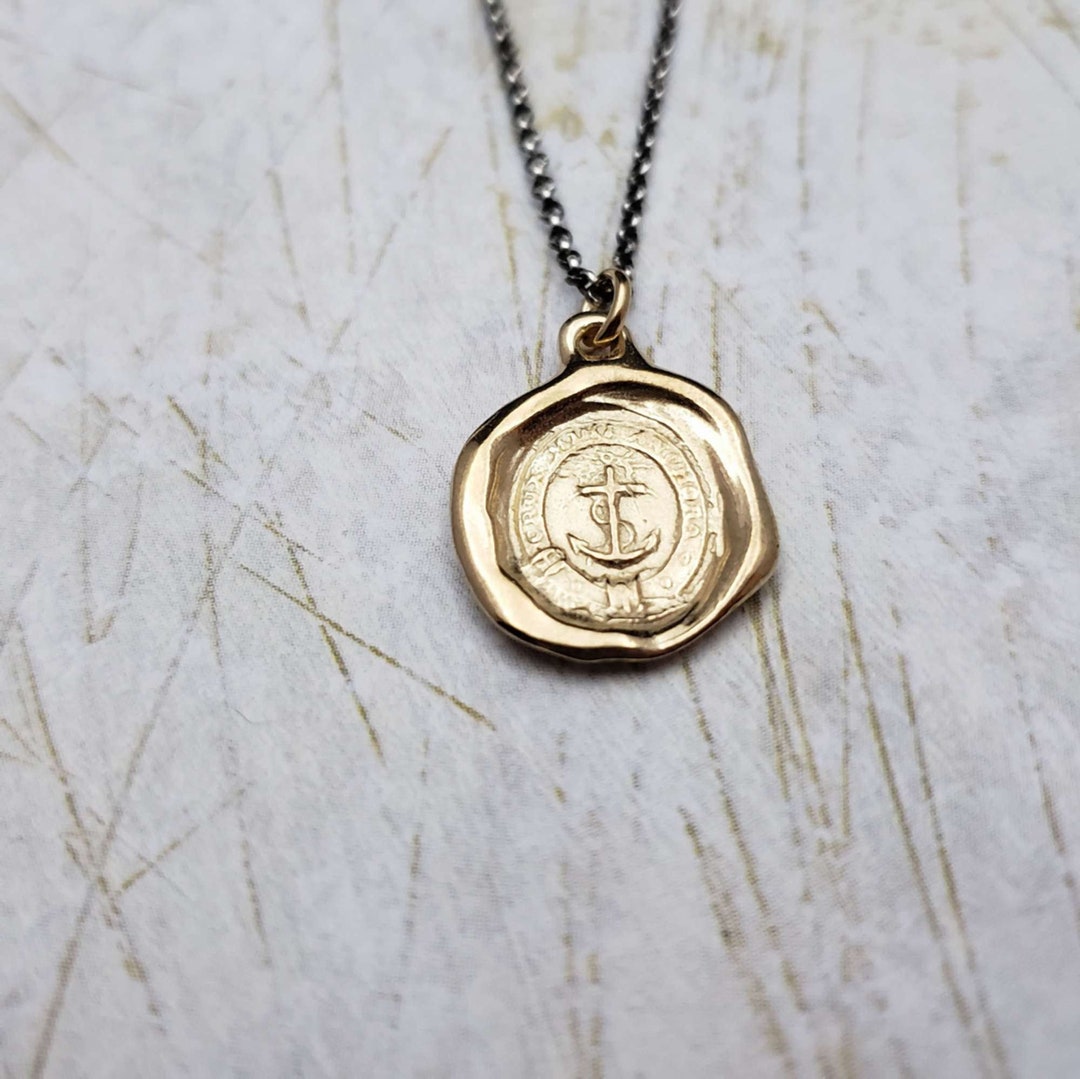 Gold Anchored Cross Necklace From Antique Wax Seal With Latin Motto ...