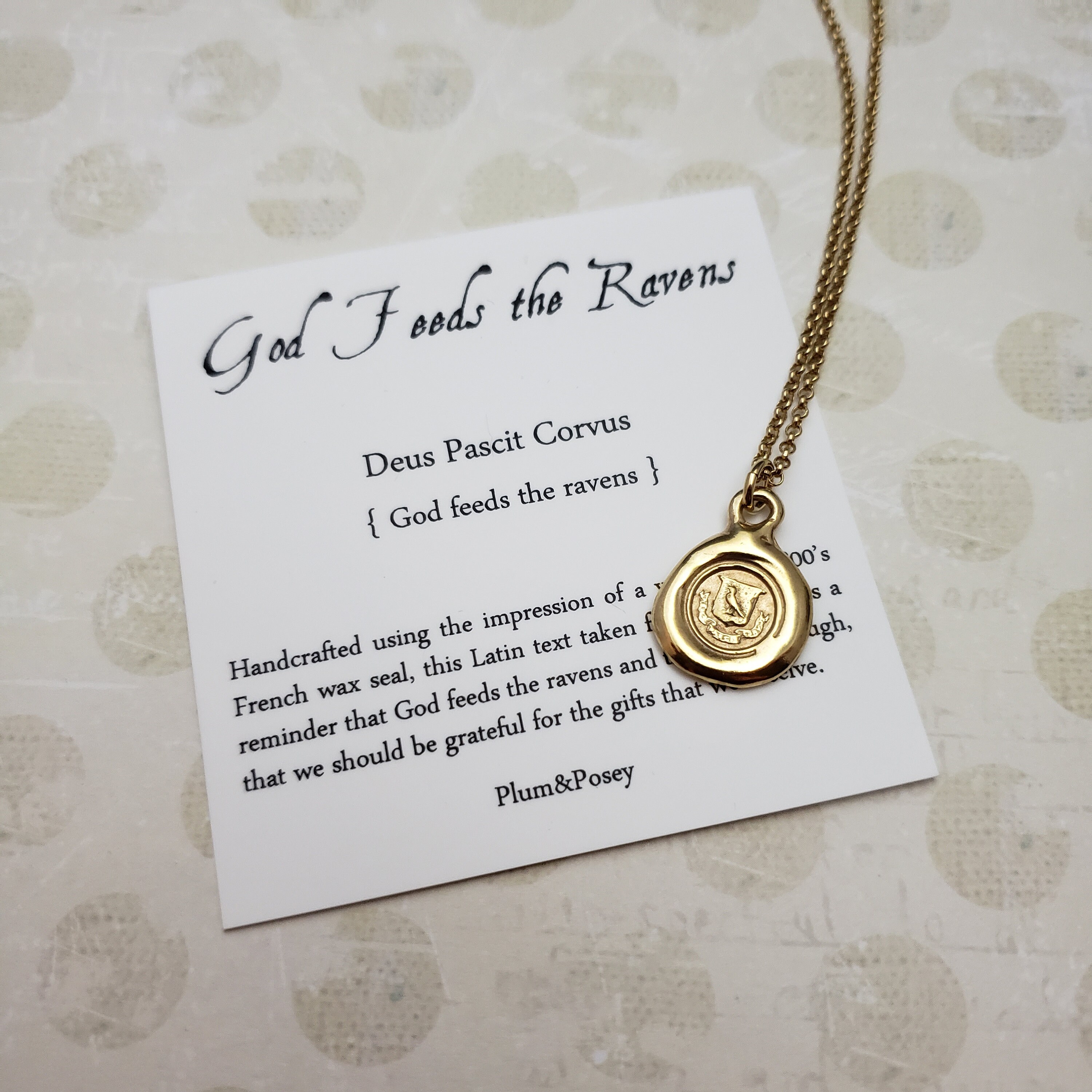 Gold Mini Raven Necklace - God Feeds the Ravens - Deus Pascit Corvus in ...