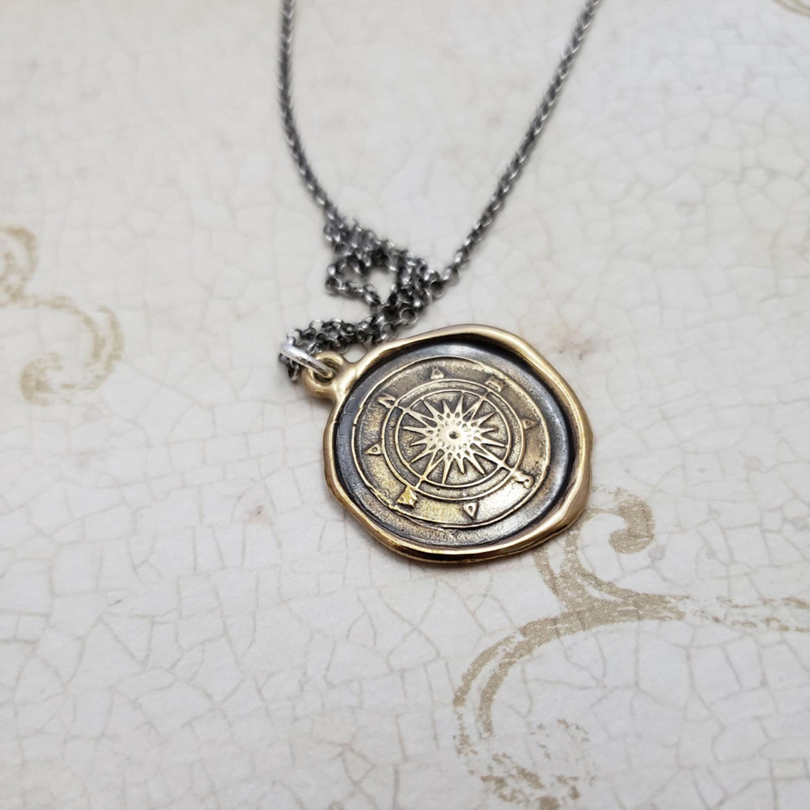 Compass Necklace From Antique Wax Seal - Compass Pendant in Bronze ...