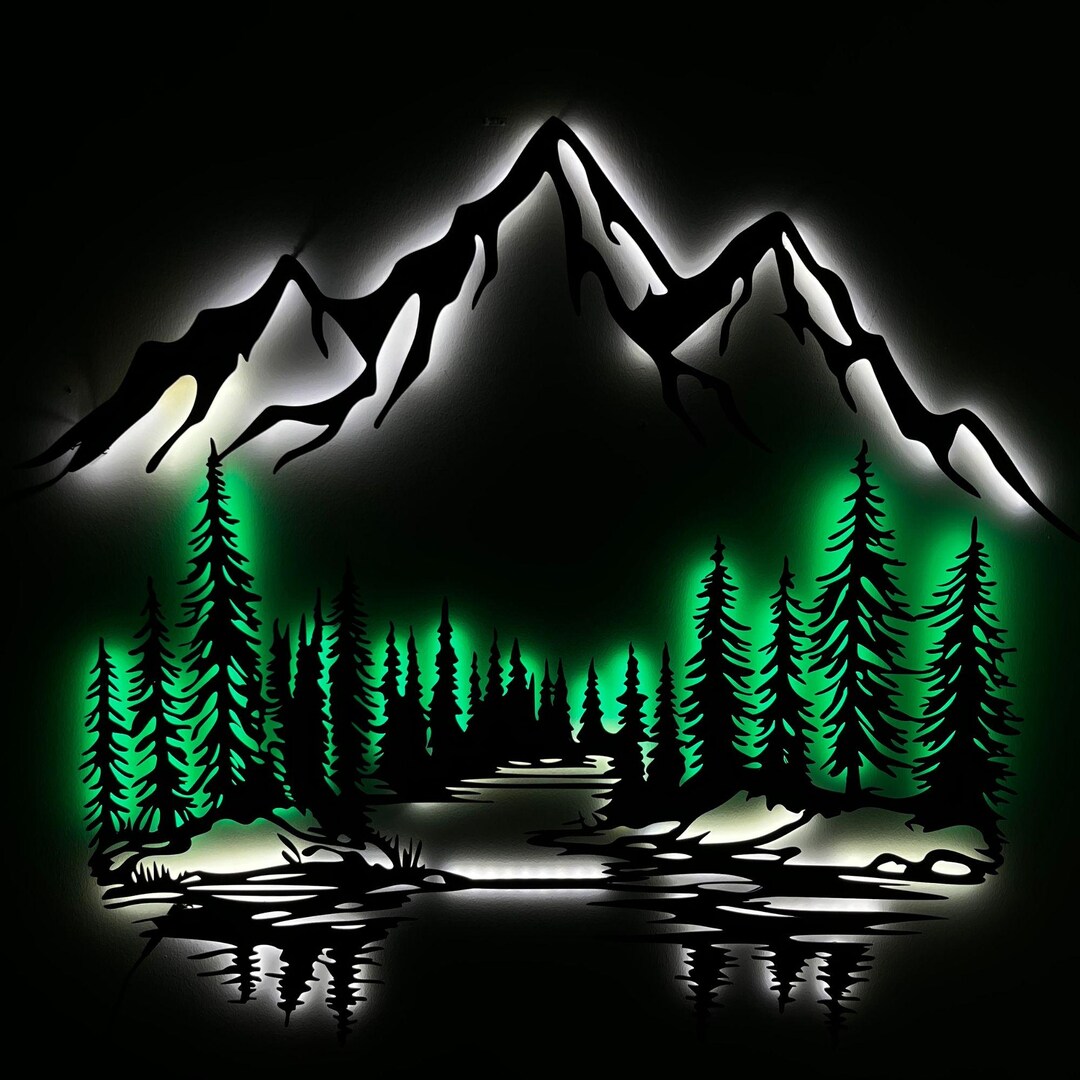 LED Mountain Forest Metal Wall Art - Rustic Nature Decor - Etsy