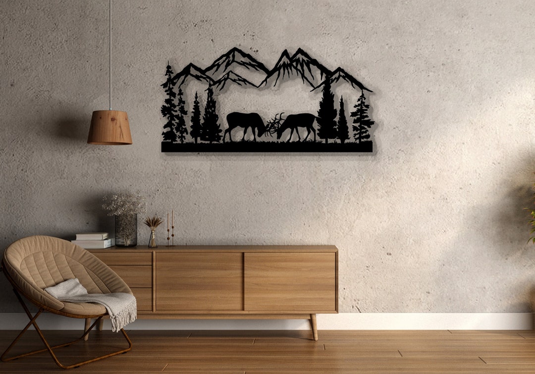Deer Duel Metal Art,mountain Metal Art,deer Metal Decor,mountain Forest ...