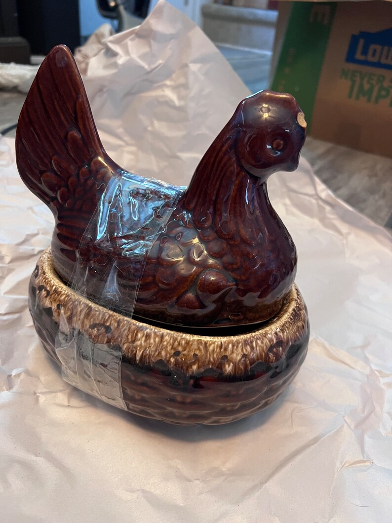 Vintage Chicken Ceramic Hull Pottery USA Hen on Nest Bake & Serve Dish ...