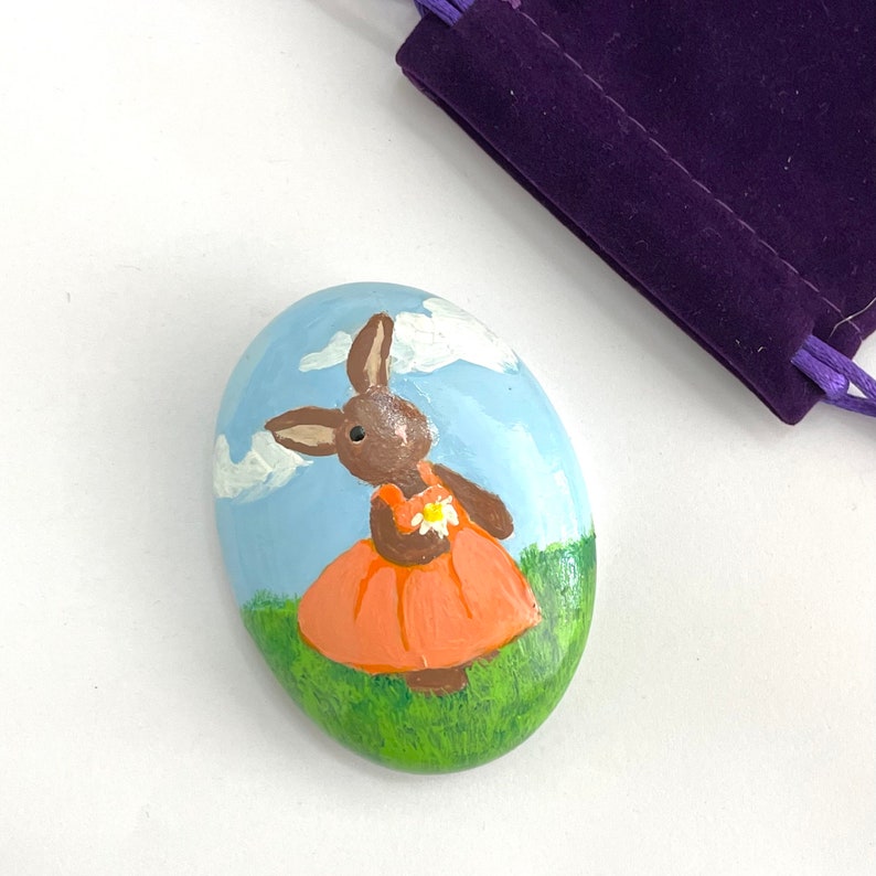 Hand Painted Rabbit Rock - Brown Spring Rabbit Art Rock - Hand Painted ...