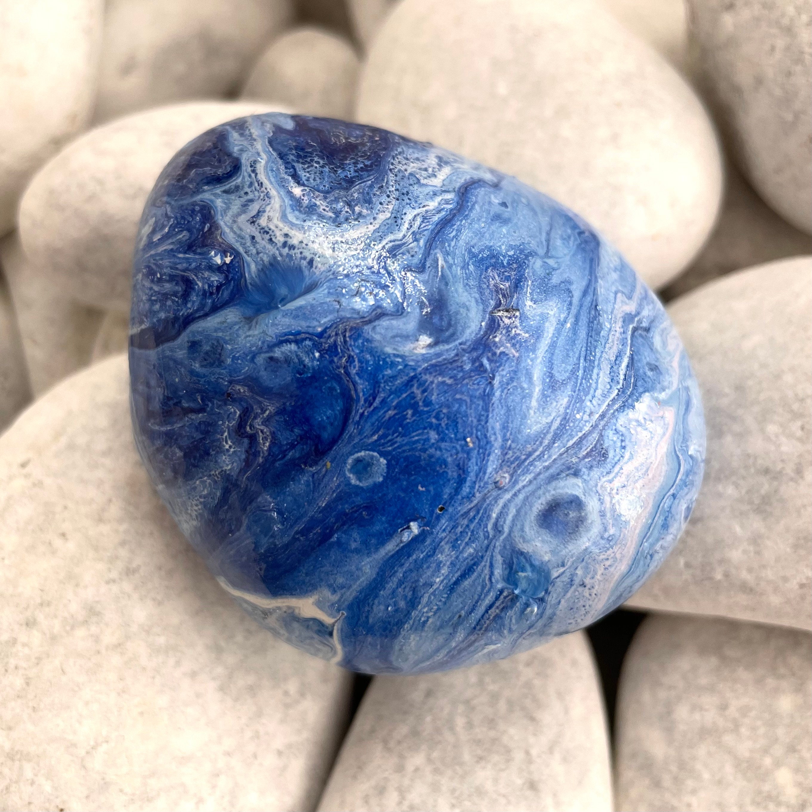 Paint Pour Art Rock Hand Painted Rock Rock Painting Blue Decor Rock ...