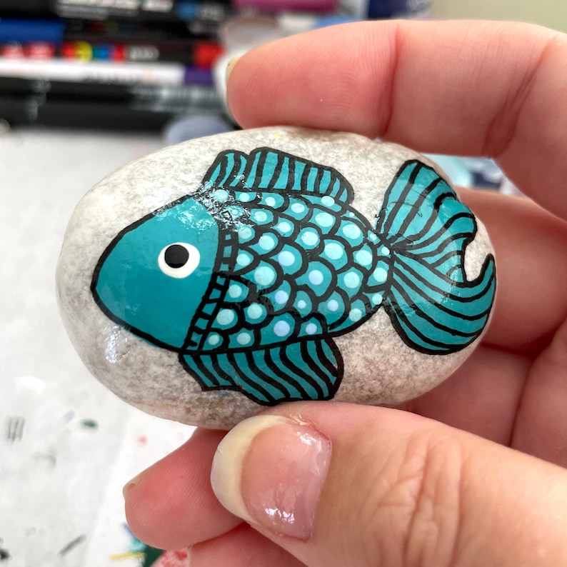 Turquoise Fish Rock Animals - Hand Painted Rocks Ocean Marine - Sea ...