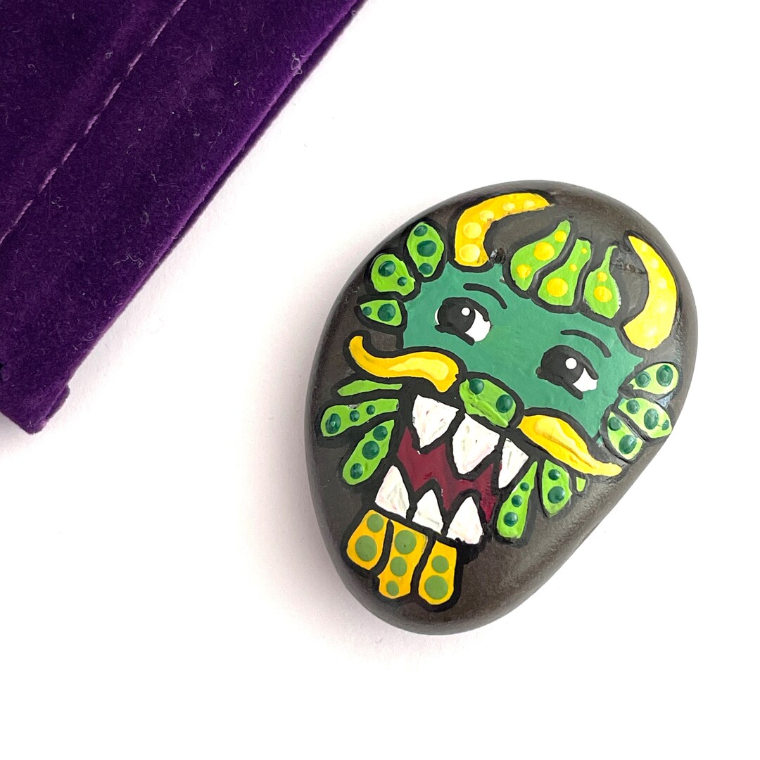 Hand Painted Dragon Rocks - Green Dragon Mask Rock Painting - Dragon ...