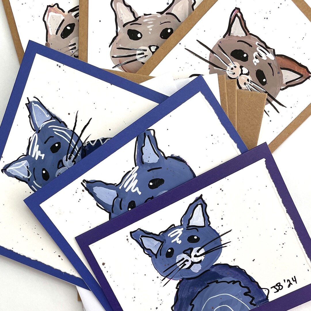 Hand Painted Cat Note Card Set of Six - One of a Kind Art - Cat ...
