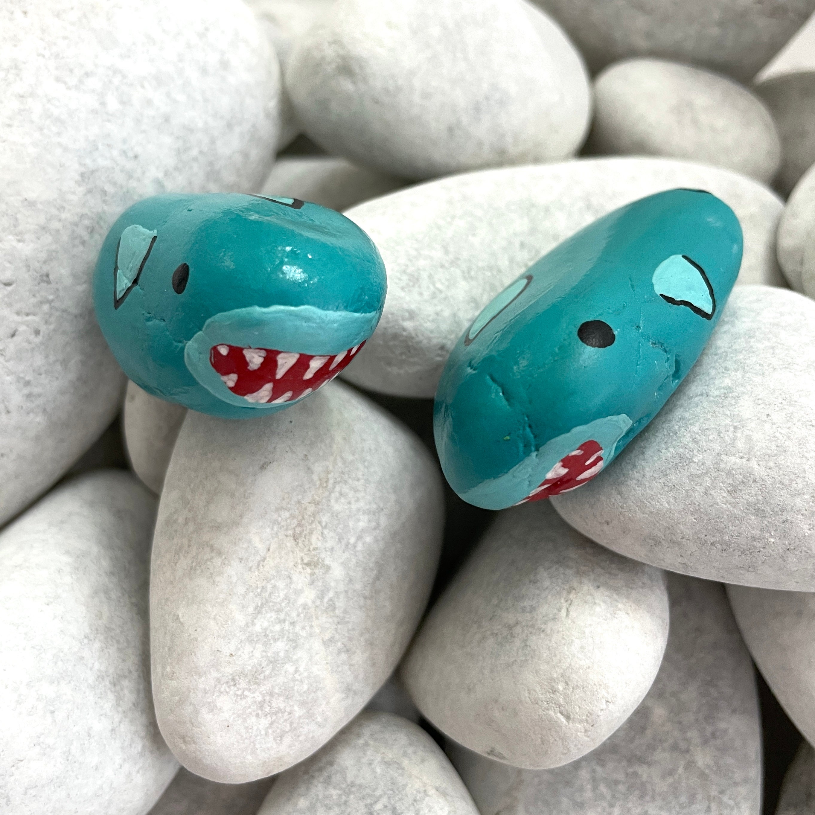 Set of 2 Shark Rocks Animals Hand Painted Rock Cute Painted Stone Shark ...