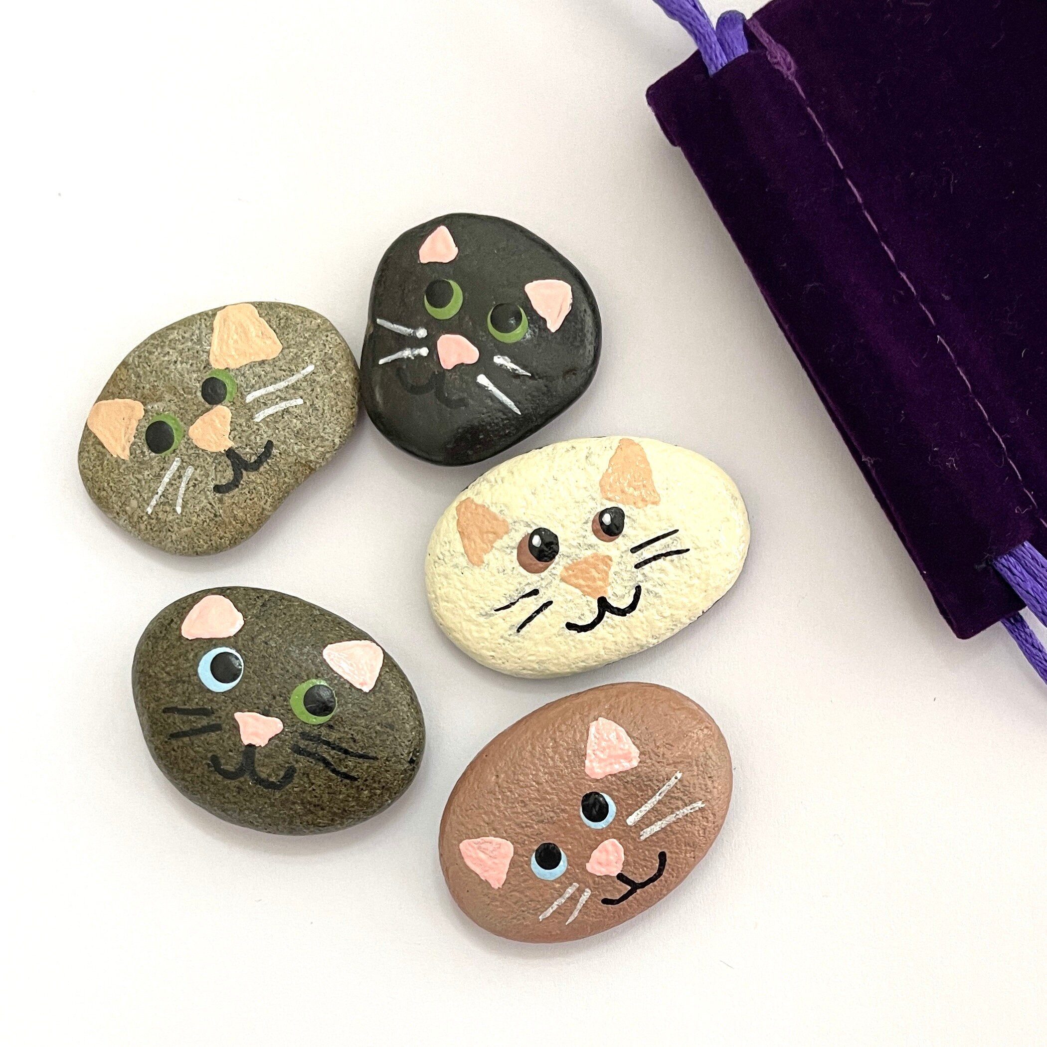 Set of Five Painted Cat Rocks Hand Painted Rocks Cats Fun Painted Rocks ...