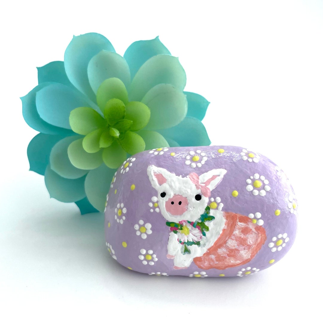Flower Pig Art Rock - Hand Painted Rock - Painted Pig Rock - Pig Gift ...