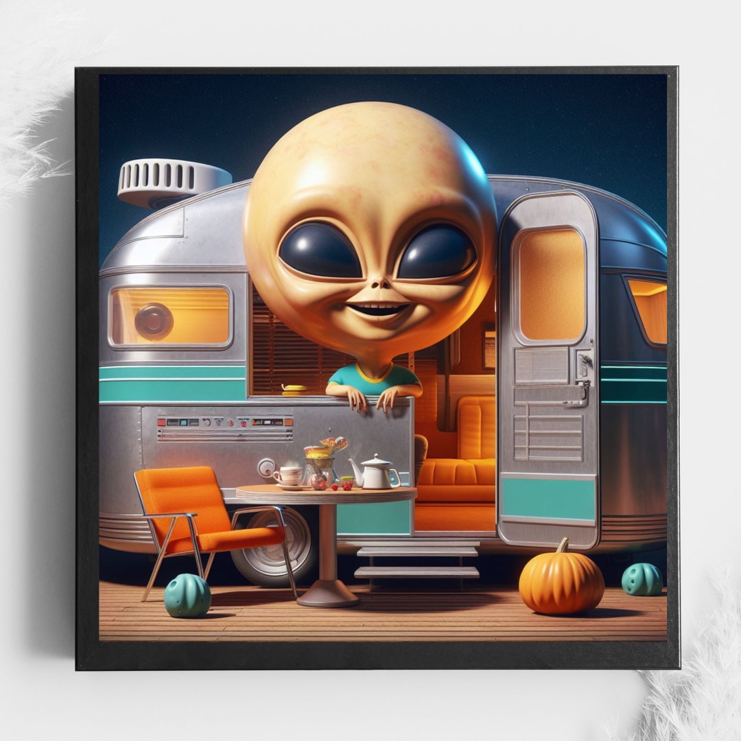 Funny Alien Abduction, Alien Baby in Vintage Camper Art Print - Home ...