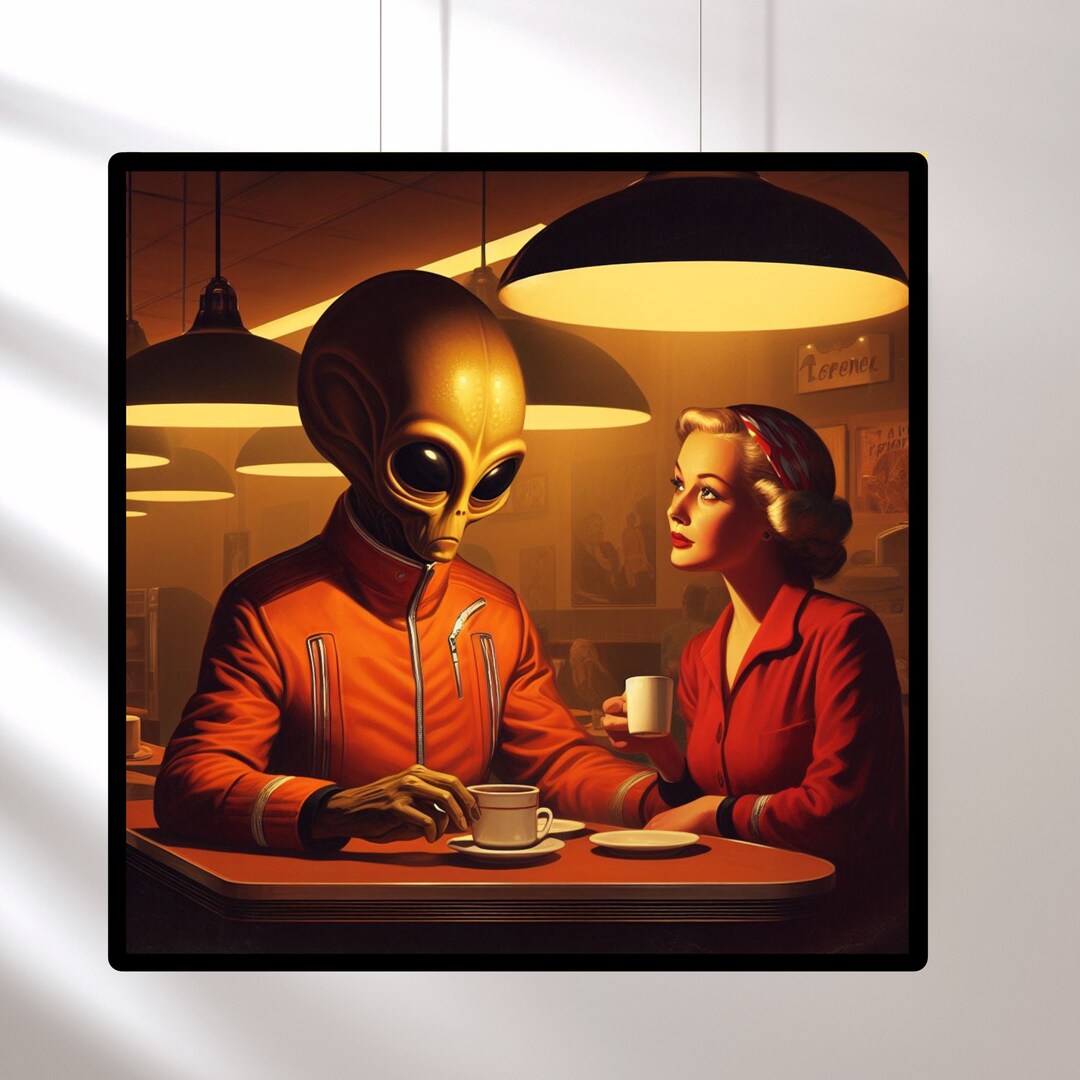 Alien Art Prints Cosmic Coffee Dates in Mid Century Modern Diners ...