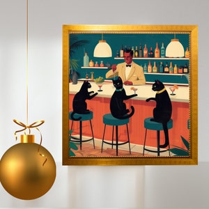 Black Cats Day Drinking Art, Cats Cocktail Poster, Mid Century Cat Art ...