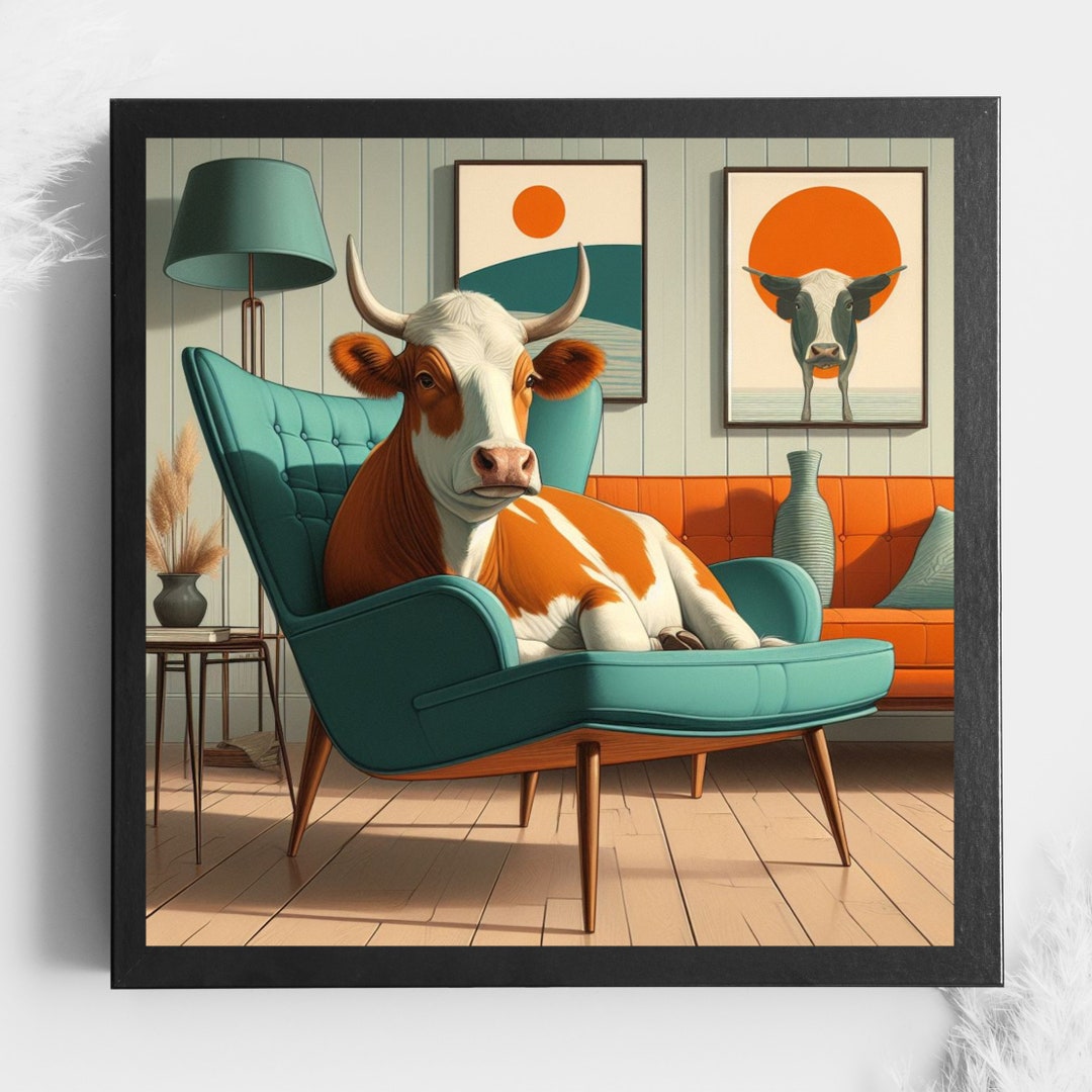 Mid Century Cow in Chair Art Print Farmhouse Decor Trending Art Cow ...