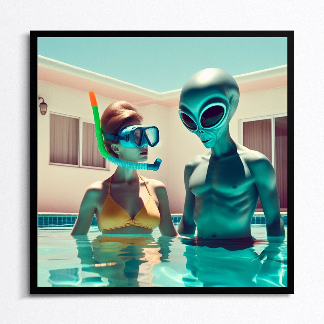 Retro Sci-fi Art, Pool Art, Alien Swim Date, Gifts for Alien Lovers - Etsy
