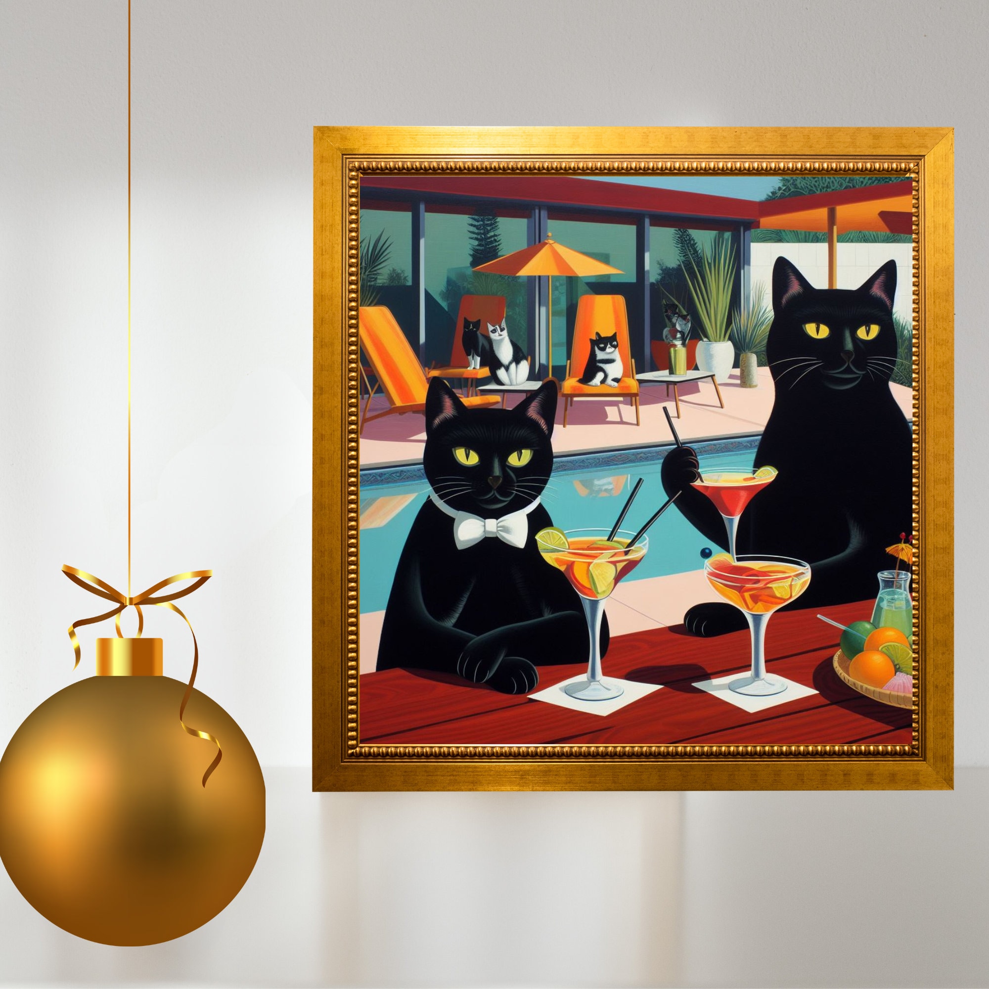 Black Cats Day Drinking Art, Cats Cocktail Poster, Mid Century Cat Art ...