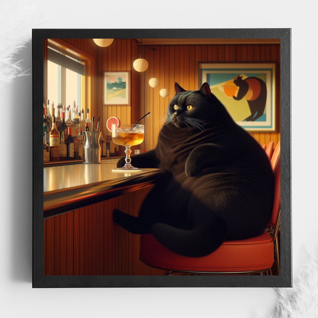 Black Cat Wall Art, Funny Retro Bar Poster of Fat Cat, Mid-century ...