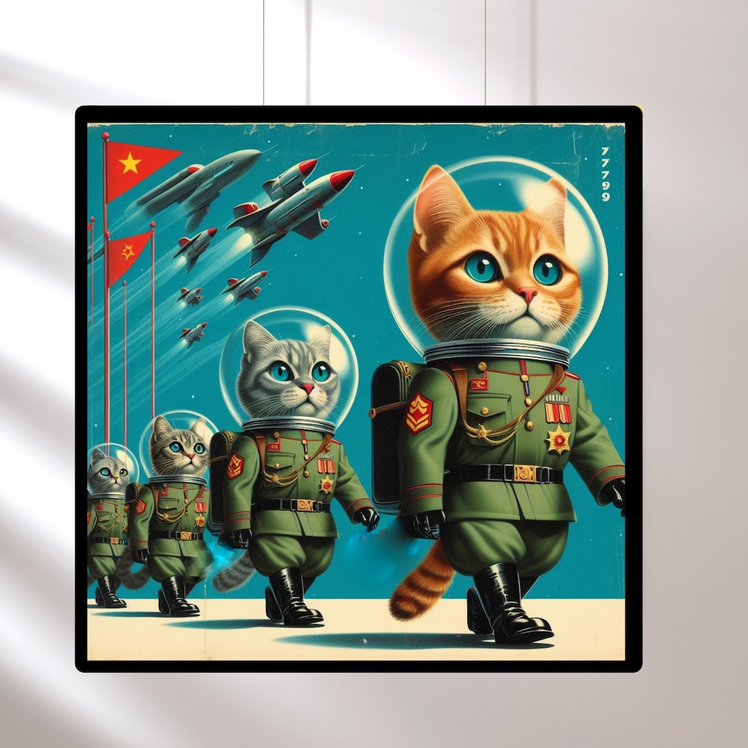 Retro Futurism Art of Kitten Army, Funny Cat Print, Cool Wall Art, Cat ...
