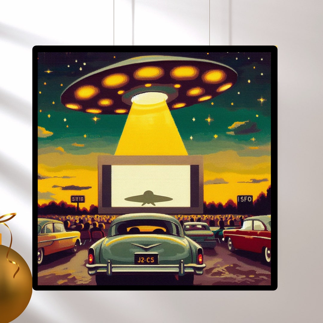 UFO Alien Art, Vintage Inspired 1950's Drive-in With Giant UFO - Sci-fi ...