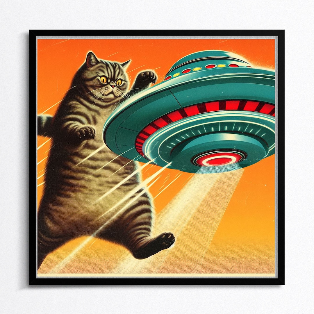 Funny Cat Art Print, UFO Art Cat Abduction, Trending Wall Art ...