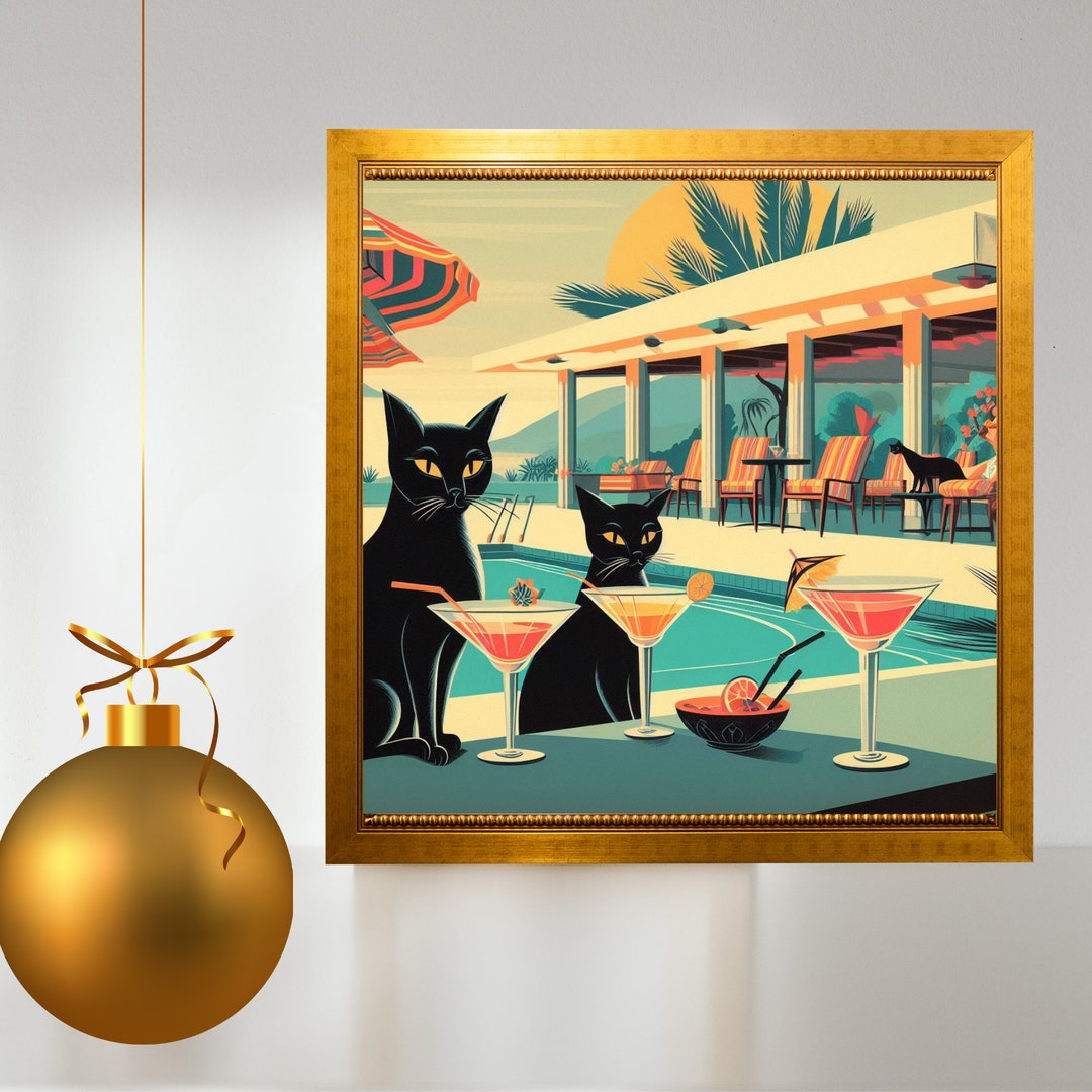 Mid Century Cats Day Drinking Funny Cat Art Cocktail Print - Etsy