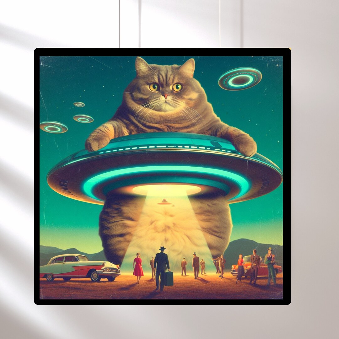 Fat Gray Cat Poster, Fat Gray Cat Alien Abduction Print, Wall Art, Cat ...