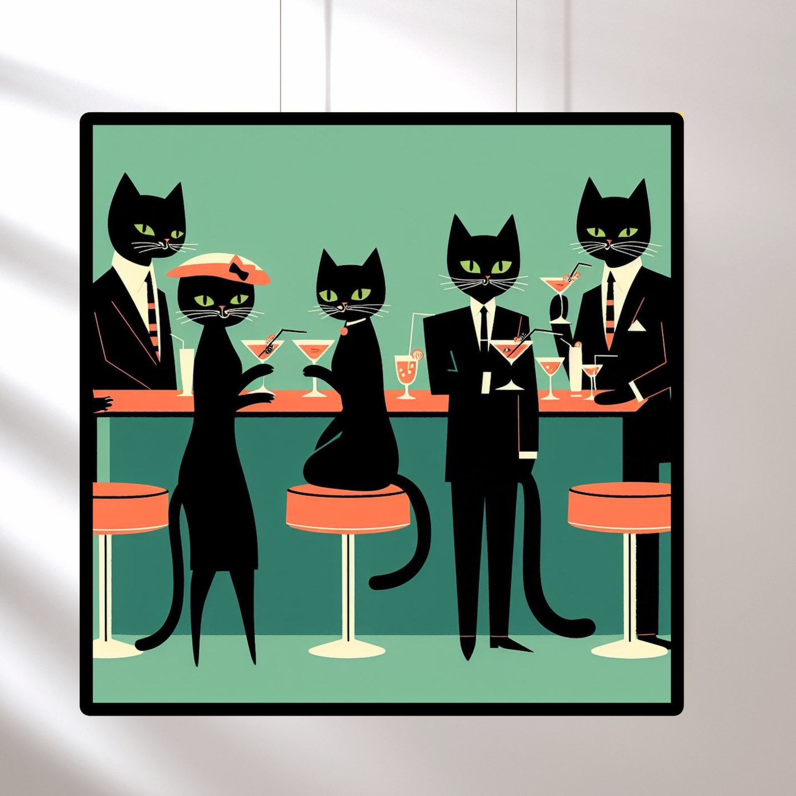 Black Cats Day Drinking Art, Cats Cocktail Poster, Mid Century Cat Art ...