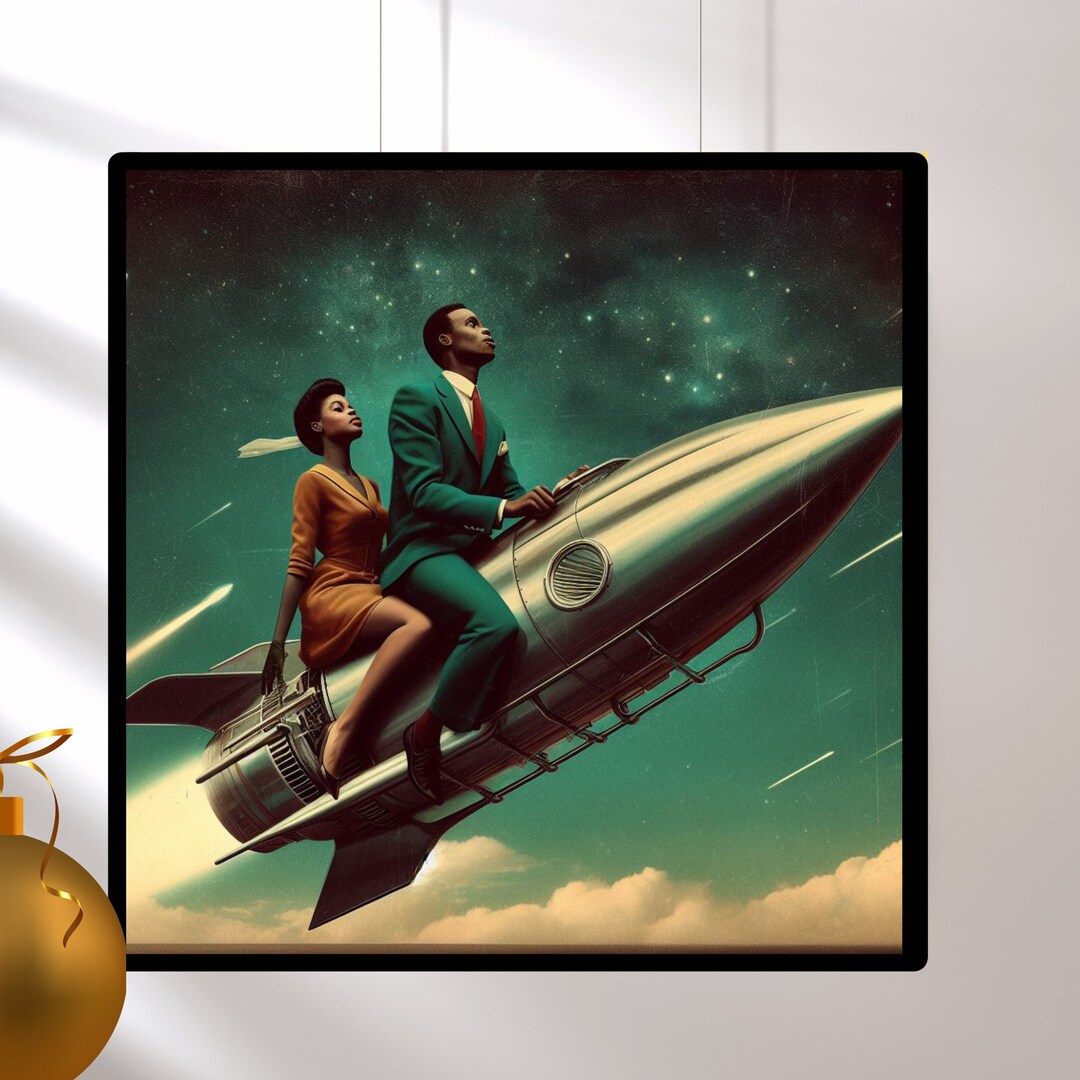 African American Couple Rocket Ride, Black Art, Retro Space Prints ...
