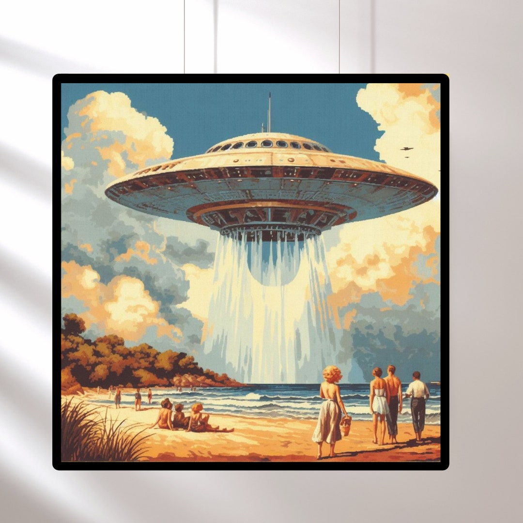 Beachy Wall Art, Beach Visitors UFO Print - Vintage 1960's Inspired UFO ...