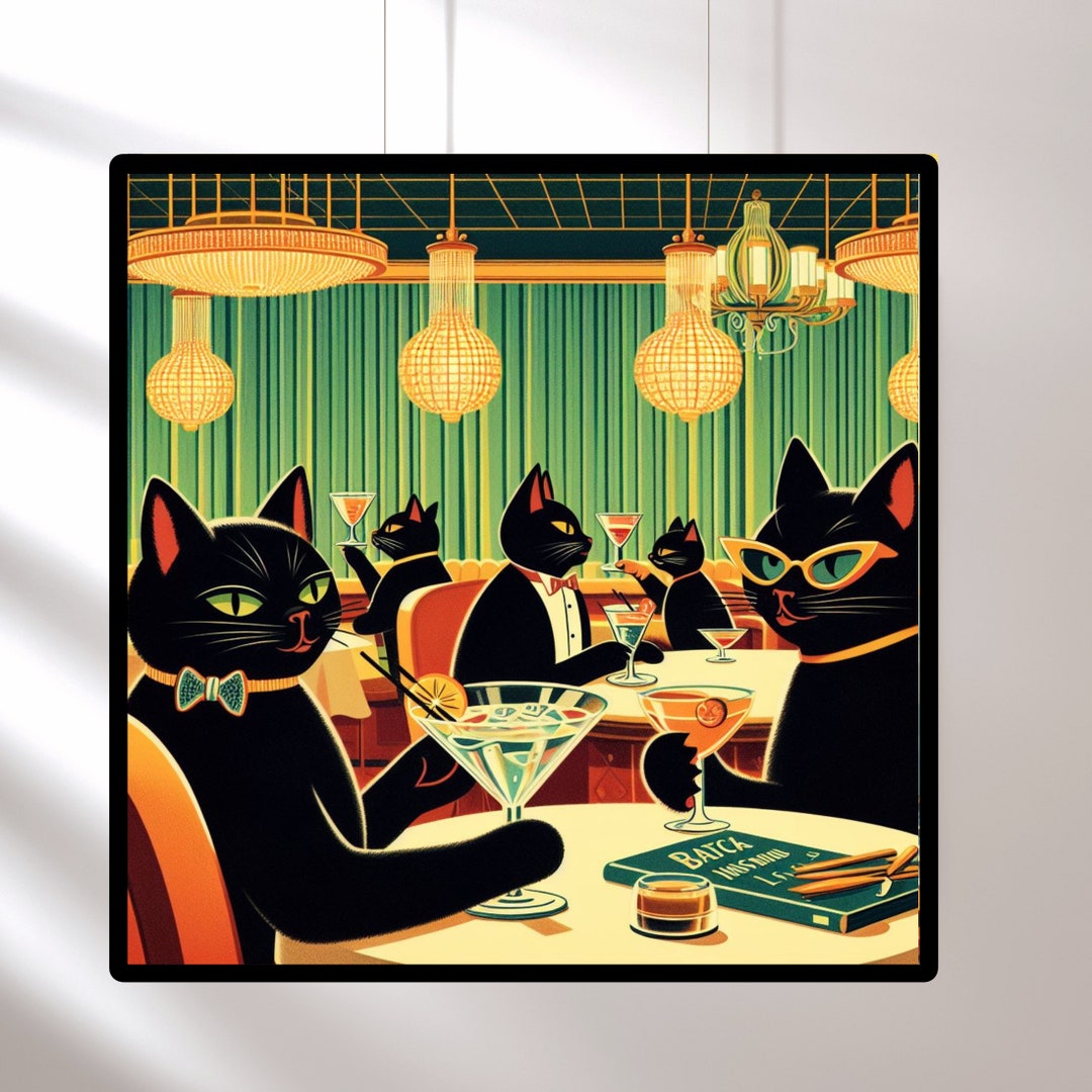 Black Cats Day Drinking Art, Cats Cocktail Poster, Mid Century Cat Art ...