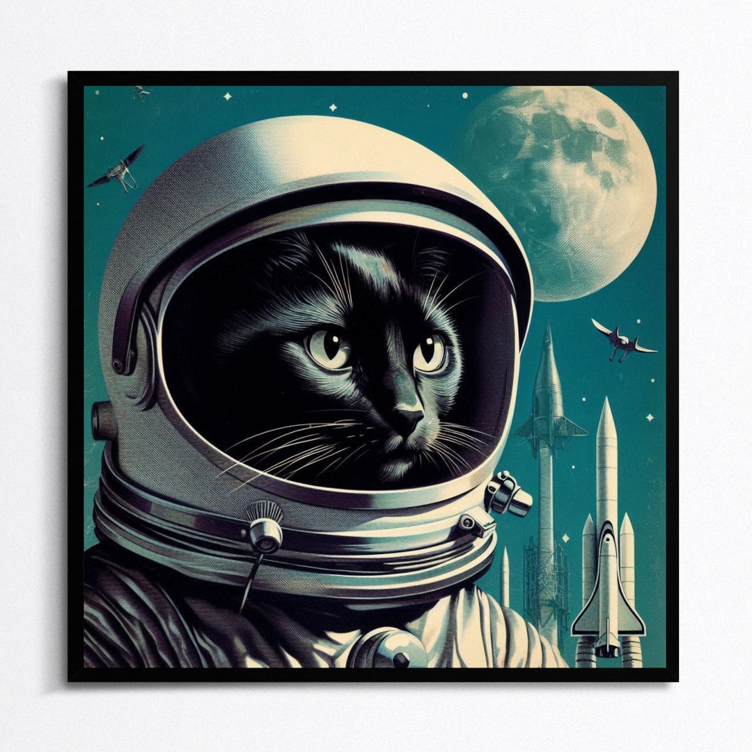 Black Cat Art, Retro Astronaut Cat Poster, Dorm Wall Decor, Mid Century ...