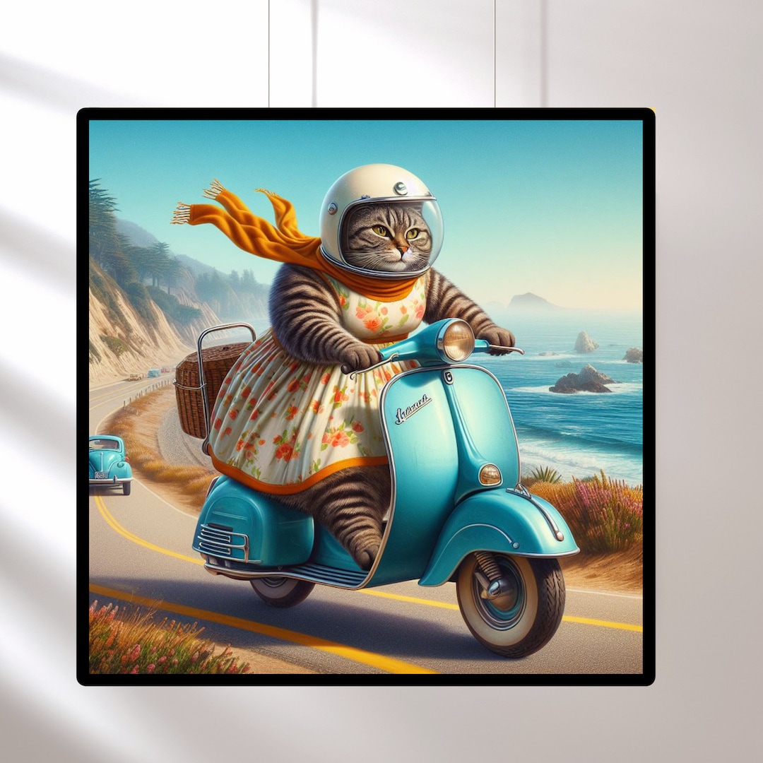 Funny Cat Art, Cat Riding Vintage Vespa Scooter - Cat Mom Gifts - Etsy