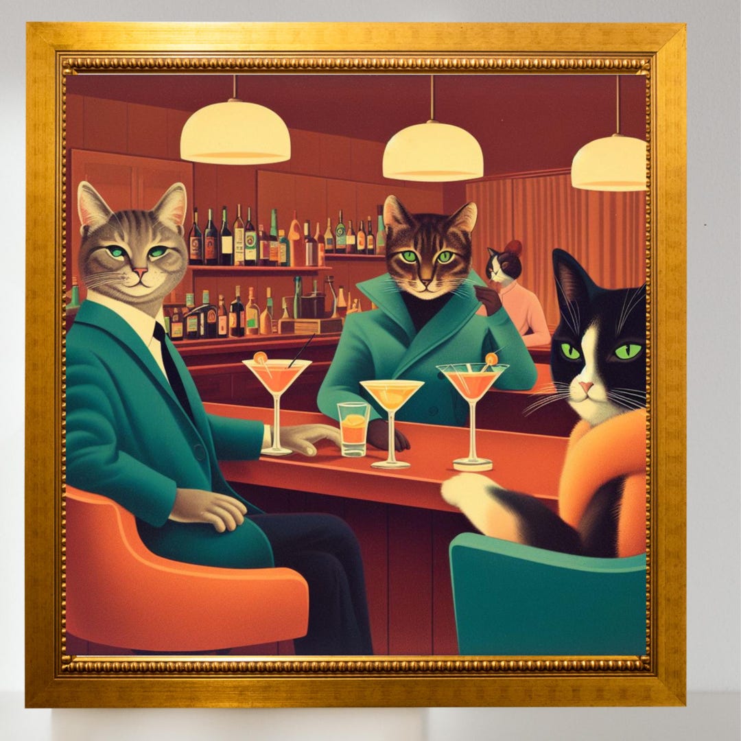 Black Cats Day Drinking Art, Cats Cocktail Poster, Mid Century Cat Art ...