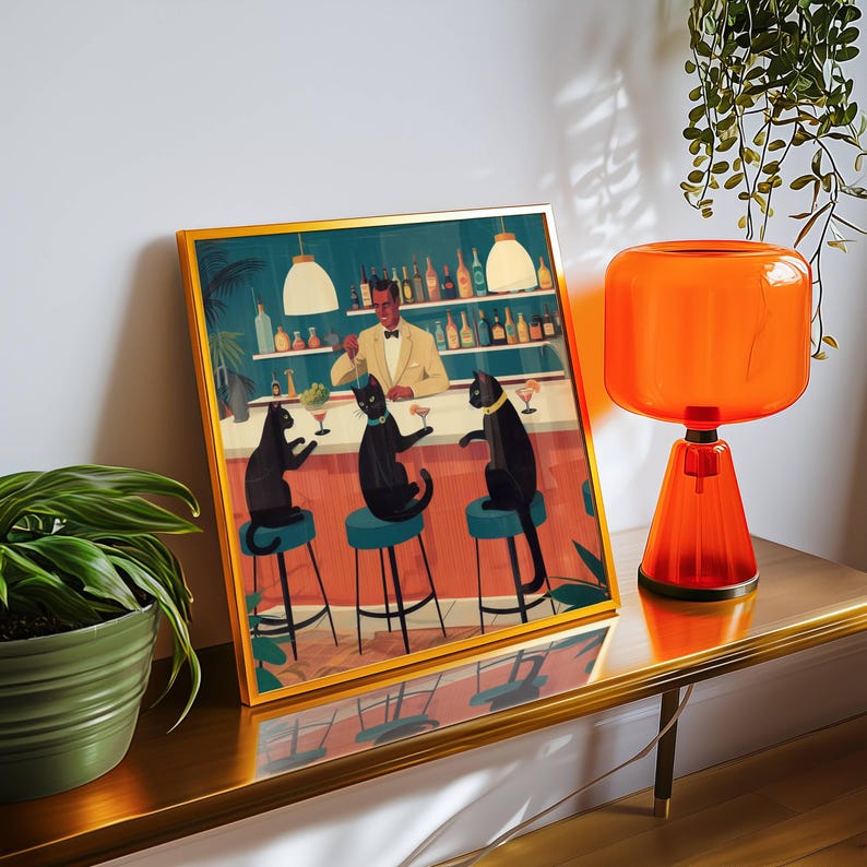 Black Cats Day Drinking Art, Cats Cocktail Poster, Mid Century Cat Art ...