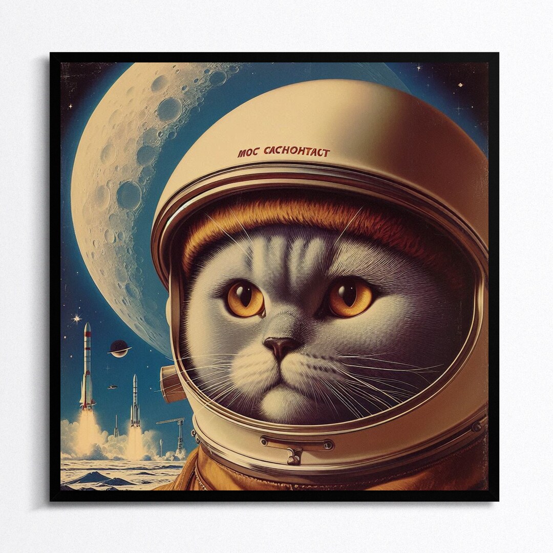 Retro Space Cat Art Print - Astronaut Cat Poster for Cat Lovers, Unique ...