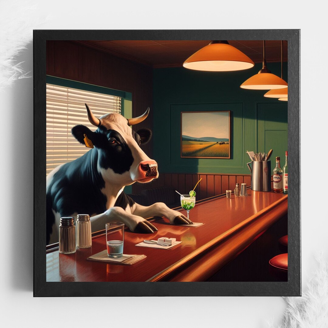 Cow Wall Art, Cows Day Drinking Art, Cocktail Poster, Retro Bar Decor ...