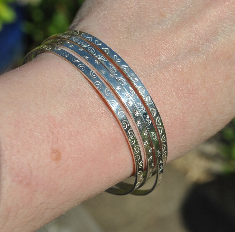 Sterling Silver Flat Patterned Bangle Stacking Bracelet. - Etsy UK