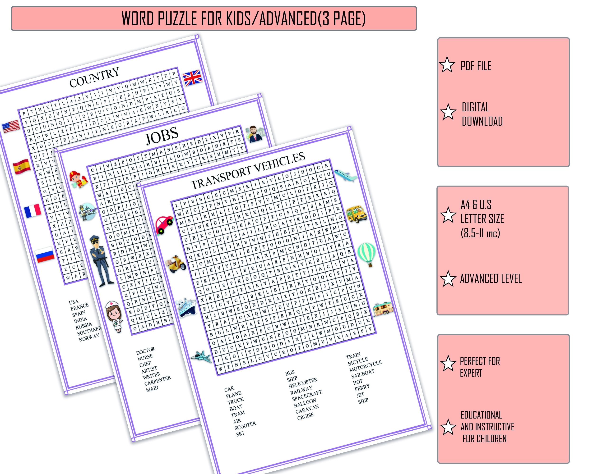 Printable Wordsearch Advanced Versıon-kid Wordsearch-instant Download ...