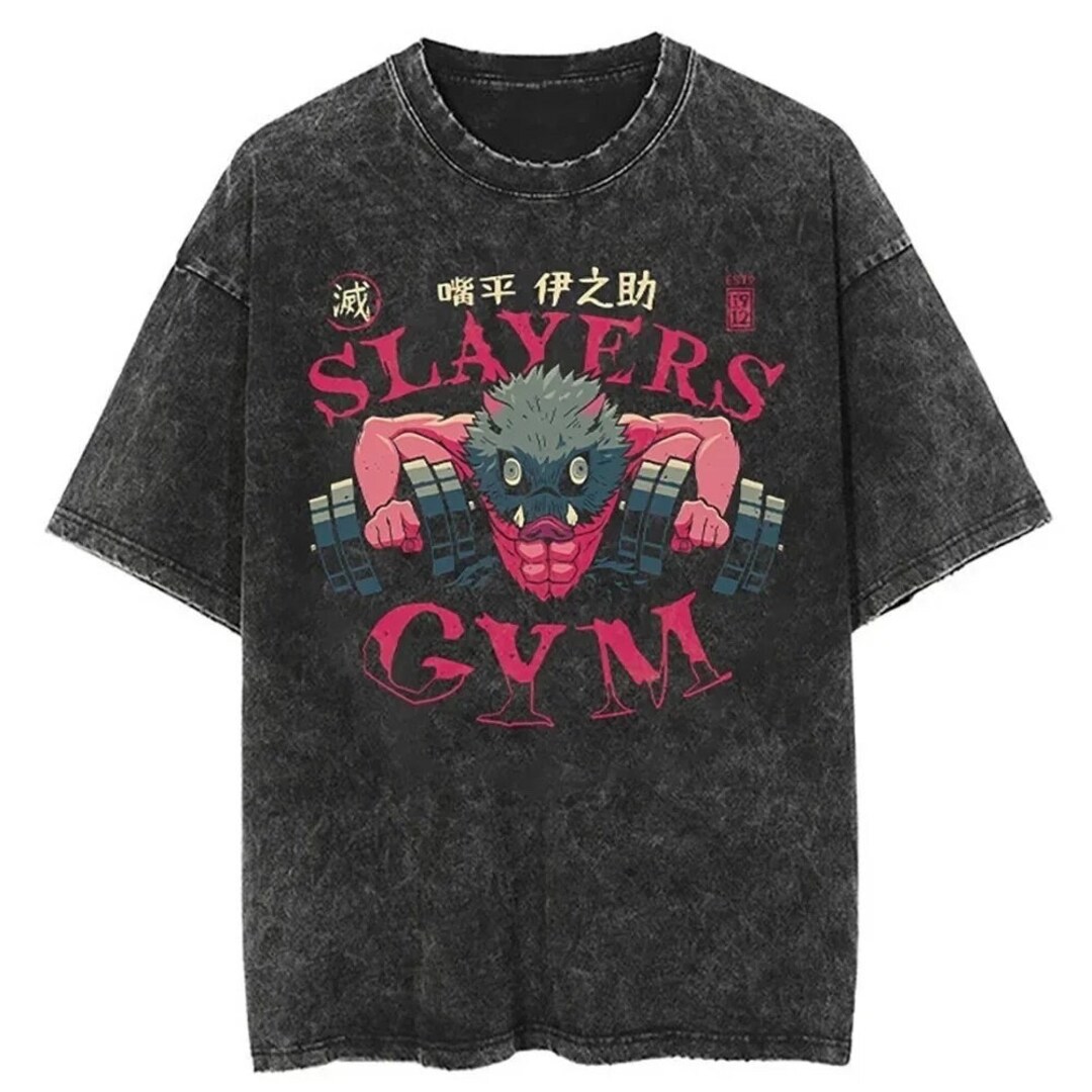 Inosuke Slayers Gym Anime Graphic Acid Wash Black T-shirt - Etsy