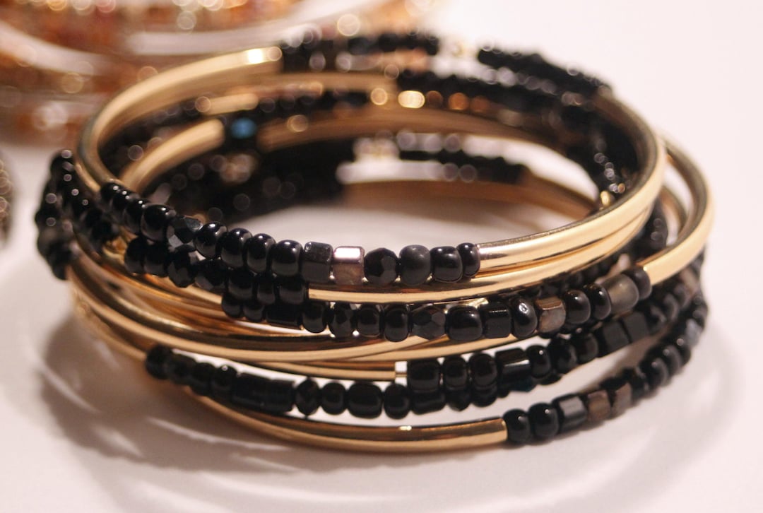 Black & Gold Beaded Bangle Bracelet Set – Stackable Boho Bangles - Etsy