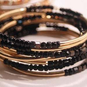 Black & Gold Beaded Bangle Bracelet Set – Stackable Boho Bangles - Etsy