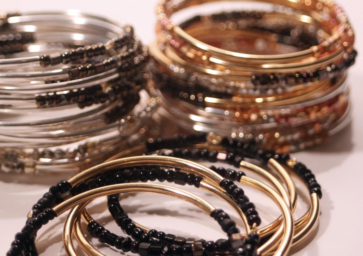 Bangle Bracelets for Women Silver - Stackable Bracelet Sets - 5 Beaded ...